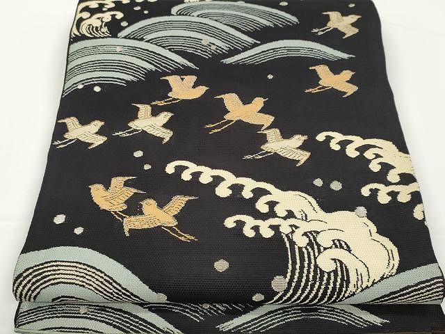 平和屋着物▽アンティーク　大正ロマン　スリーシーズン　春夏秋　六通柄袋帯　唐織　立波飛鳥文　黒地　銀糸　正絹　逸品　CAAX0790yk