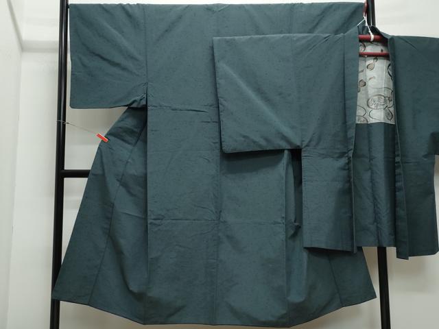 平和屋着物●男性　紬　アンサンブル　黒緑色　正絹　逸品　CAAX0832vf