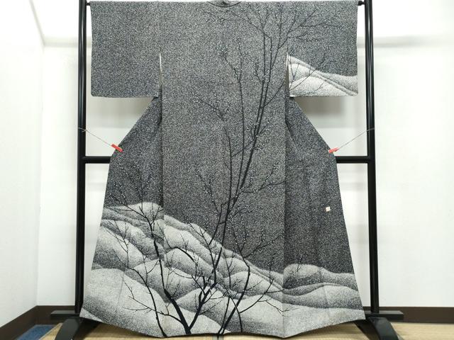 平和屋着物●訪問着　作家物　枝蕾　たたき染め　黒地　正絹　逸品　CAAX0864vf