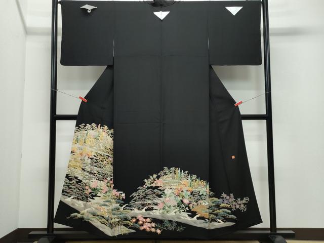 平和屋着物●豪華黒留袖　友禅　作家物　風景渡り橋草花文　さが美扱い　正絹　逸品　CAAX0870vf