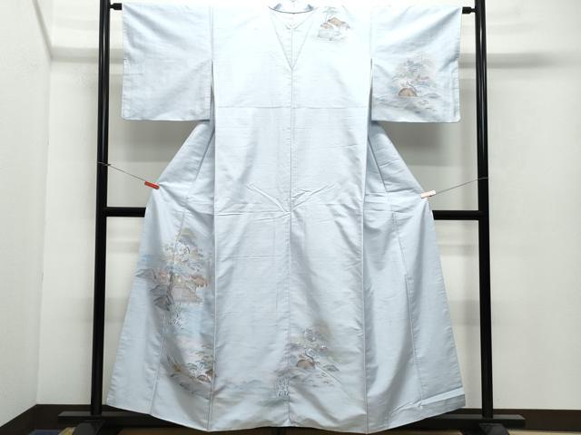 平和屋着物●訪問着　友禅　白山紬　風景舟松花文　正絹　逸品　CAAX0977vf