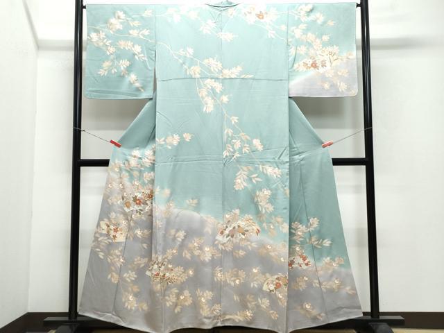 平和屋着物●訪問着　駒刺繍　地紙草花文　暈し染め　金彩　正絹　逸品　CAAX0979vf