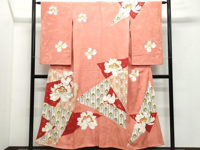 平和屋着物●アンティーク　大正ロマン　駒刺繍　孔雀羽牡丹文　金彩　正絹　逸品　CAAX0993vf