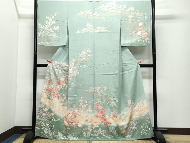 平和屋着物●訪問着　駒刺繍　草花文　暈し染め　金彩　正絹　逸品　CAAX1003vf