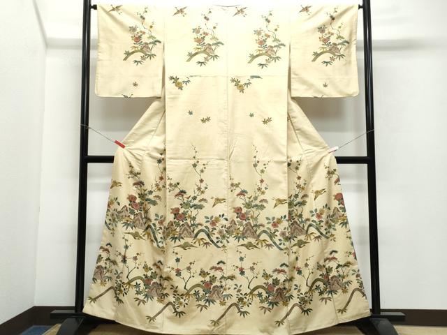 平和屋着物●訪問着　紬地　型染め　飛鶴草花文　金彩　正絹　逸品　CAAX1009vf