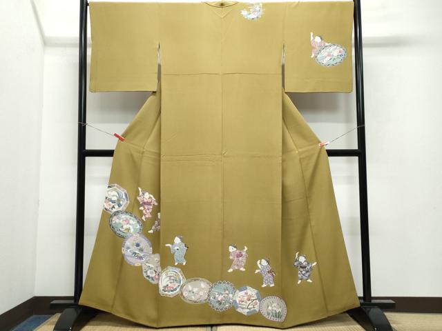 平和屋着物●訪問着　友禅　童子遊び絵皿花蝶文　正絹　逸品　CAAX1053vf