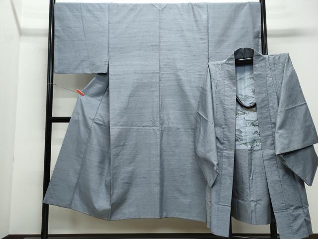 平和屋着物●男性　紬　アンサンブル　網代織　紫鼠色　正絹　逸品　CAAX1169vf