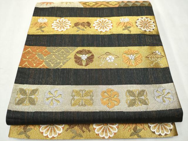 平和屋着物●六通柄袋帯　唐織　横段草花文　金銀糸　正絹　逸品　CAAX1247hy