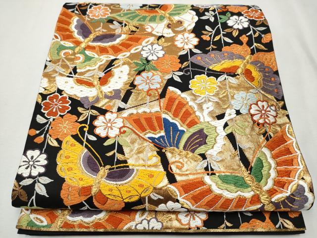 平和屋着物●西陣　河合美術織物謹製　六通柄袋帯　唐織　花蝶文　黒地　金糸　正絹　逸品　CAAX1303hy