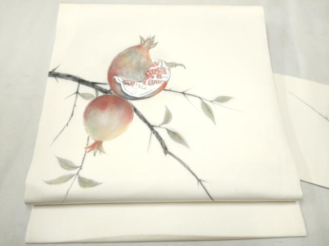 平和屋着物●塩瀬　九寸名古屋帯　手描き　ザクロ　正絹　逸品　CAAX1324hy