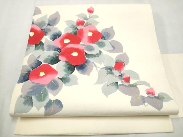 平和屋着物●九寸名古屋帯　作家物　手描き　紬地　枝椿　正絹　逸品　CAAX1327hy