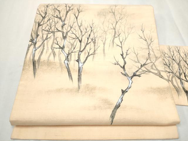 平和屋着物●九寸名古屋帯　作家物　草木染　紅花染　手描き　紬地　結作　枝文　正絹　逸品　CAAX1463hy