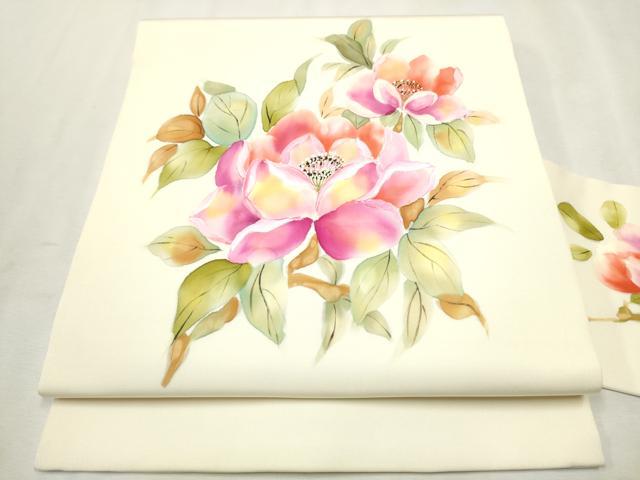 平和屋着物●塩瀬　九寸名古屋帯　手描き　枝花文　金彩　正絹　逸品　CAAX1508hy