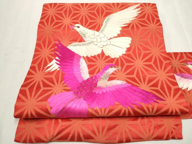 平和屋着物●アンティーク　大正ロマン　九寸名古屋帯　総手刺繍　鳩　金糸　正絹　逸品　CAAX1512hy