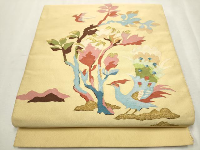 平和屋着物●爪掻き本綴れ　八寸名古屋帯　孔雀枝花文　飴色　金糸　正絹　逸品　CAAX1526hy