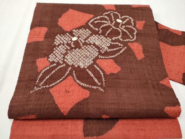 平和屋着物●九寸名古屋帯　紬地　絞り　椿　正絹　逸品　CAAX1555hy