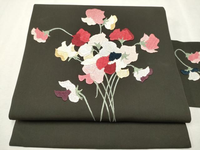 平和屋着物●九寸名古屋帯　総刺繍　枝花文　正絹　逸品　CAAX1558hy