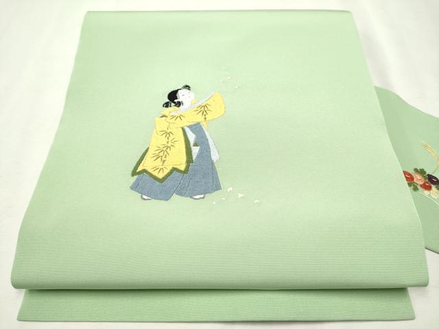 平和屋着物●九寸名古屋帯　作家物　総刺繍　人物文　正絹　逸品　CAAX1563hy