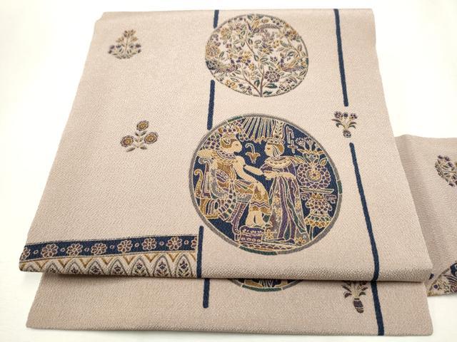 平和屋着物●九寸名古屋帯　人物花鳥文　鬼しぼ縮緬　正絹　逸品　CAAX1571hy