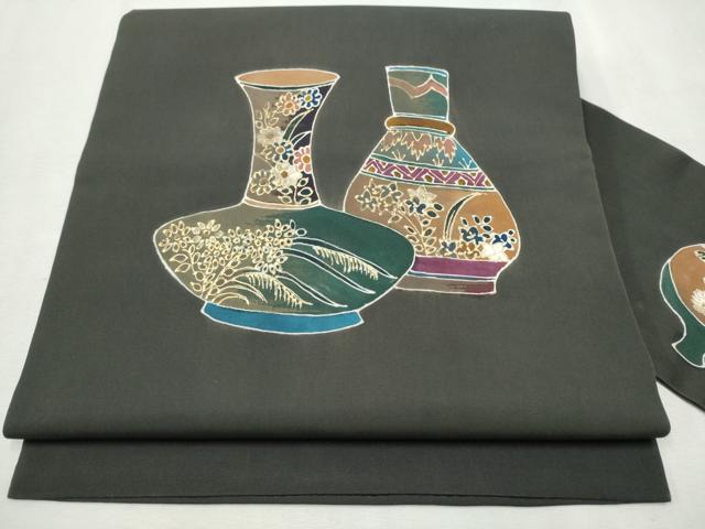 平和屋着物●塩瀬　九寸名古屋帯　陶器花文　金彩　正絹　逸品　CAAX1589hy