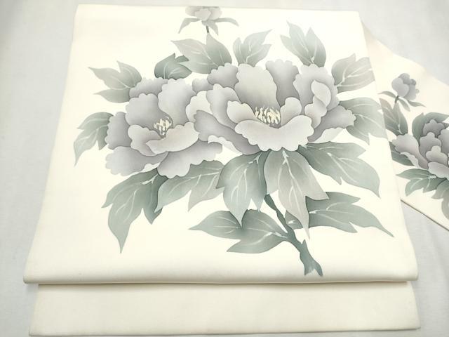 平和屋着物●塩瀬　九寸名古屋帯　牡丹　正絹　逸品　CAAX1596hy