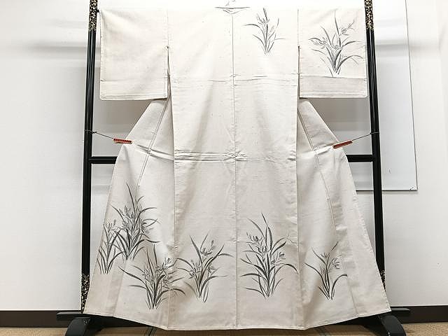 平和屋着物▽訪問着　単衣　紬地　手描き　草花文　正絹　逸品　CAAX2496xi