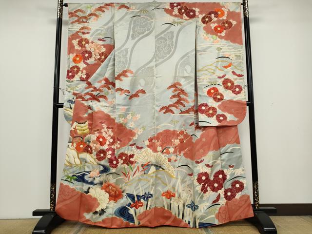 平和屋着物●アンティーク　大正ロマン　振袖　駒刺繍　流水草花文　金彩　正絹　逸品　CAAX4637ut