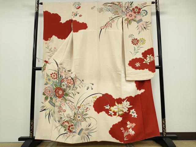 平和屋着物●セミアンティーク　大正ロマン　振袖　草花文　金彩　鬼しぼ縮緬　正絹　逸品　CAAX4638ut