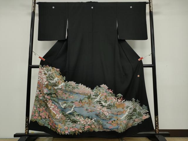 平和屋着物●豪華黒留袖　友禅　作家物　飛鳥草花文　正絹　逸品　CAAX4667ut