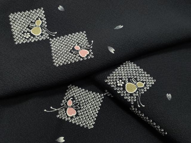 平和屋着物●上質な小紋　瓢箪　舞桜文　黒地　正絹　逸品　CAAX5609gh