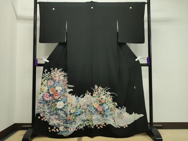 平和屋着物●本加賀友禅作家　寺西次作　黒留袖　流水飛鳥花文　正絹　逸品　CAAX5740gh