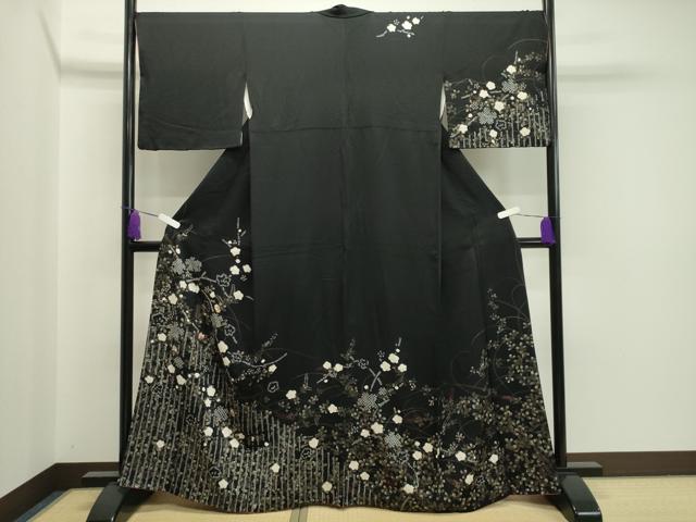 平和屋着物●訪問着　絞り　刺繍　舞蝶梅文　黒地　金彩　正絹　逸品　CAAX5785gh