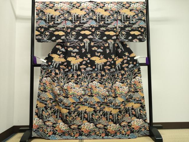 平和屋着物●訪問着　型染め　雲重ね舞蝶花文　黒地　正絹　逸品　CAAX5928gh