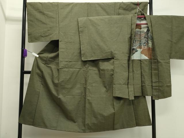 平和屋着物●男性　紬　アンサンブル　網代織り　海松色　正絹　逸品　未使用　CAAX5977gh