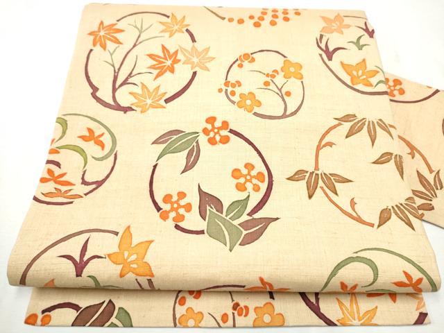 平和屋着物●九寸名古屋帯　型染め　紬地　草花丸文　正絹　逸品　CAAX7239hy