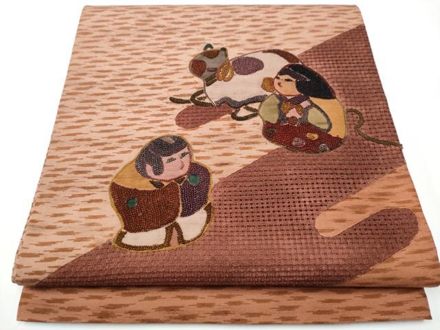 平和屋着物●中国三大刺繍　スワトウ相良刺繍　総刺繍　太鼓柄袋帯　紬地　人物文　正絹　逸品　CAAX7255hy