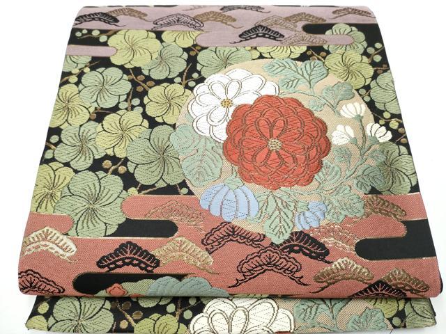 平和屋着物●六通柄袋帯　唐織　松竹梅花丸文　黒地　金糸　正絹　逸品　CAAX7263hy