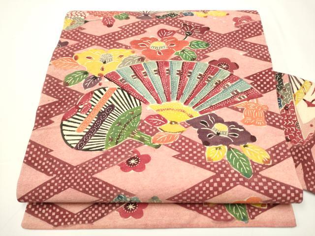 平和屋着物●九寸名古屋帯　紬地　型絵染　扇花文　正絹　逸品　CAAX7275hy