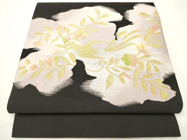 平和屋着物●八寸名古屋帯　綴れ　花鳥文　黒地　金銀糸　正絹　逸品　CAAX7276hy