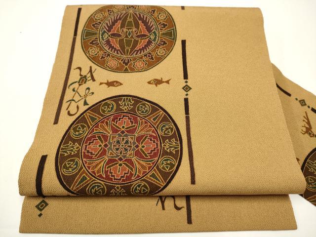 平和屋着物●九寸名古屋帯　魚　向かい鳥絵皿花文　鬼しぼ縮緬　正絹　逸品　CAAX7290hy