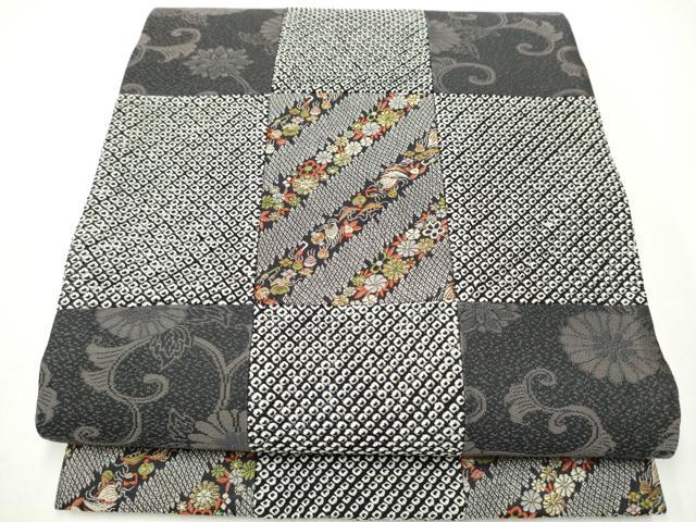 平和屋着物●六通柄袋帯　絞り　市松花唐草文　金糸　正絹　逸品　CAAX7317hy