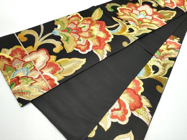 平和屋着物○六通柄袋帯 唐織 雲取り南天葉文 金糸 正絹
