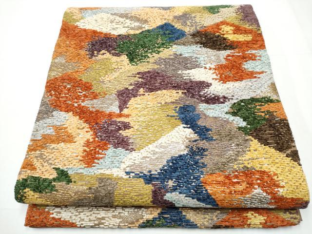 平和屋着物●六通柄袋帯　刺納樹皮色の裂　金銀糸　正絹　逸品　CAAX7420hy