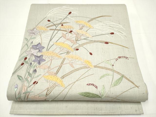 平和屋着物●中国三大刺繍　相良刺繍　総刺繍　九寸開き名古屋帯　紬地　草花文　正絹　逸品　CAAX7436hy