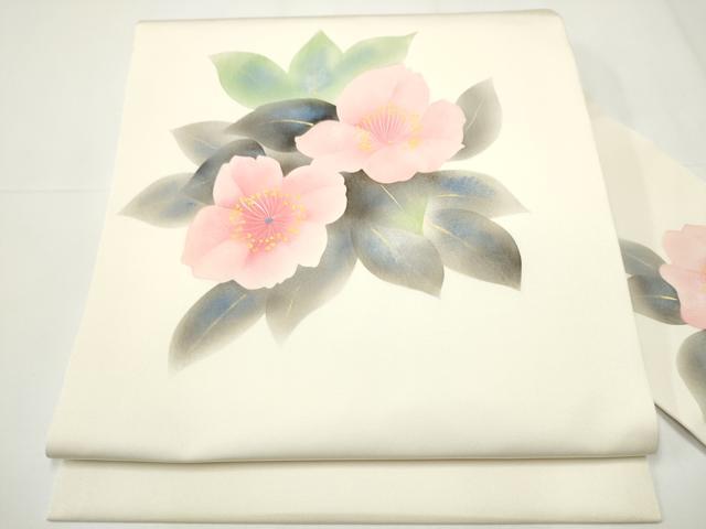 平和屋着物●塩瀬　九寸名古屋帯　手描き　草花文　正絹　逸品　CAAX7439hy