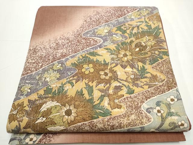 平和屋着物●太鼓柄袋帯　作家物　紬地　流水更紗花文　金彩　正絹　逸品　CAAX7495hy