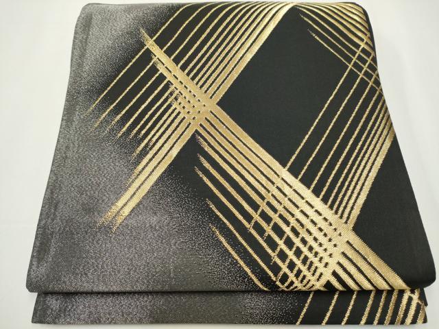 平和屋着物●六通柄袋帯　斜線文　黒地　金糸　正絹　逸品　CAAX7574hy