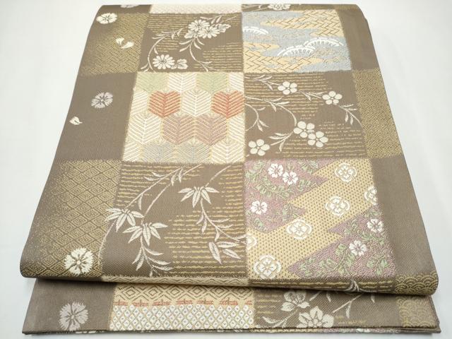 平和屋着物●両面　六通柄袋帯　市松流水草花文　金糸　正絹　逸品　CAAX7585hy