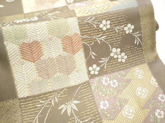 平和屋着物●両面　六通柄袋帯　市松流水草花文　金糸　正絹　逸品　CAAX7585hy 平和屋着物○両面 六通柄袋帯 市松流水草花文 金糸 正絹 逸品
