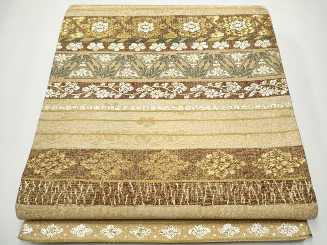 平和屋着物●六通柄袋帯　横段花文　金糸　正絹　逸品　CAAX7587hy